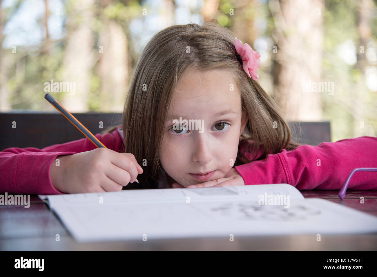 Beautiful girl doing homework in the nature Stock Photo - Alamy