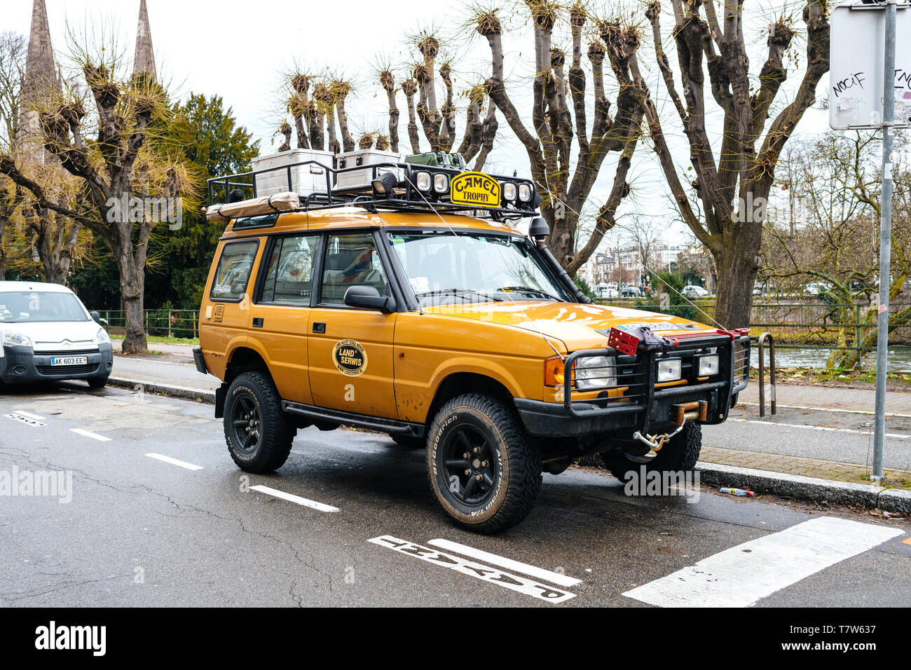 Strasbourg, France - Dec 27, 2017: Side view of new vintage yellow Land ...