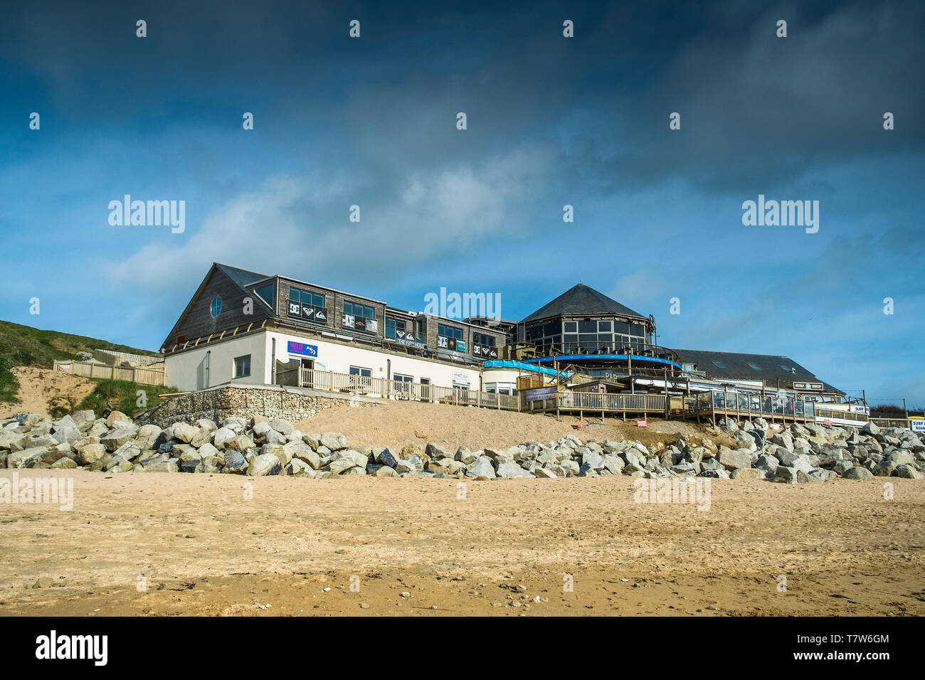 Surf shops and restaurants overlooking Fistral Beach in Newquay in ...