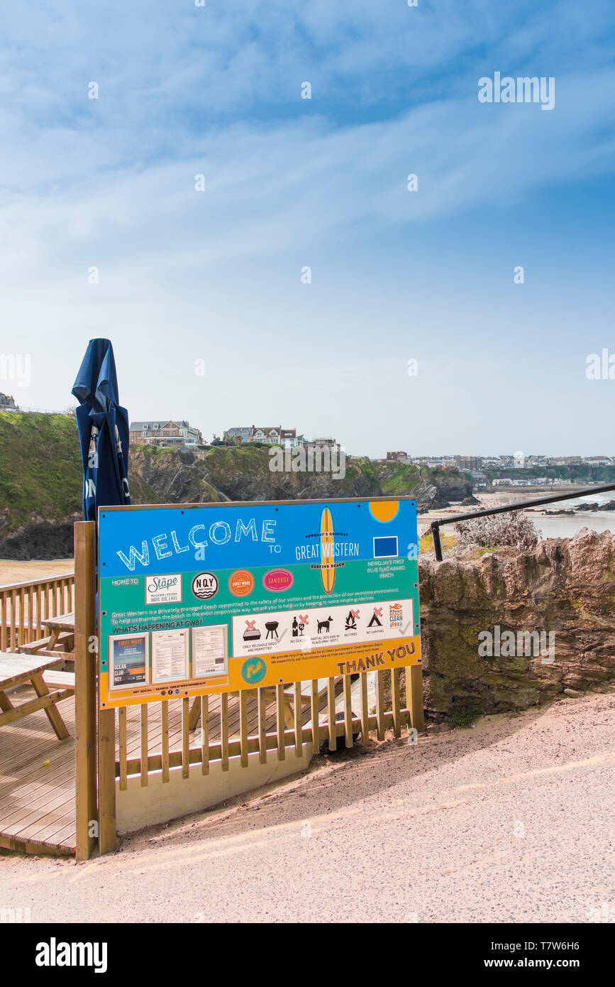 A welcome sign at the entrance to Great Western Beach in Newquay in ...