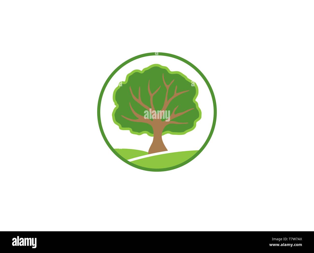 Tree circle a leafy tree on a green plateau, twigs logo vector design ...