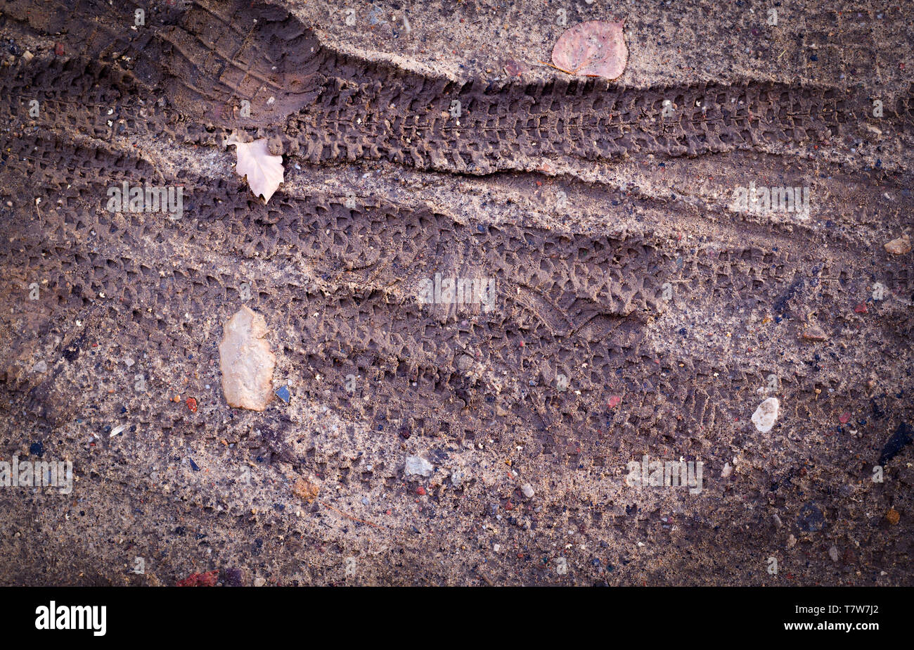 sandy path with cycle bike tyre tracks with vignette. background ...