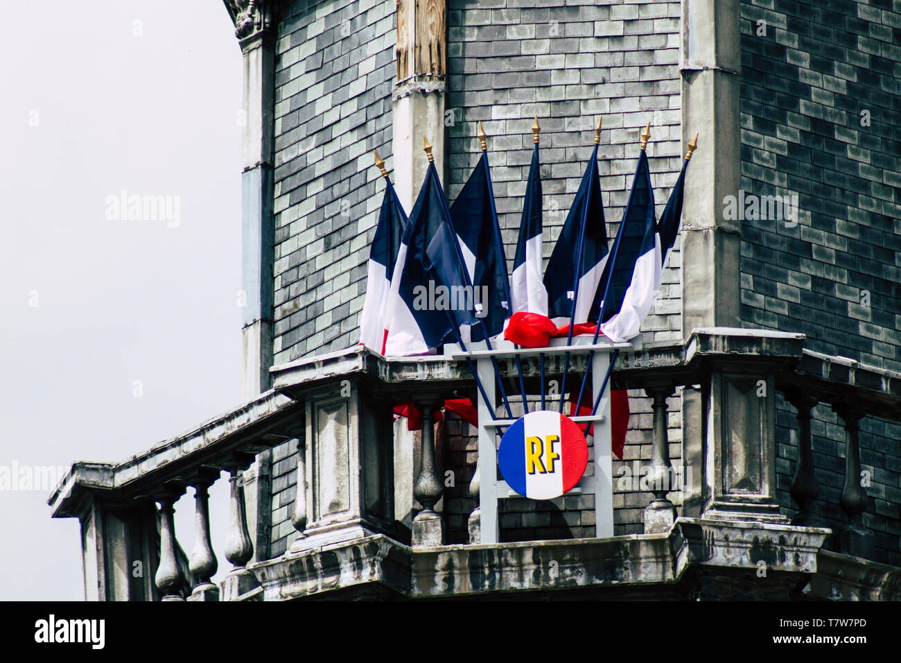Reims France May 8, 2019 View of the French tricolor flag floating in ...