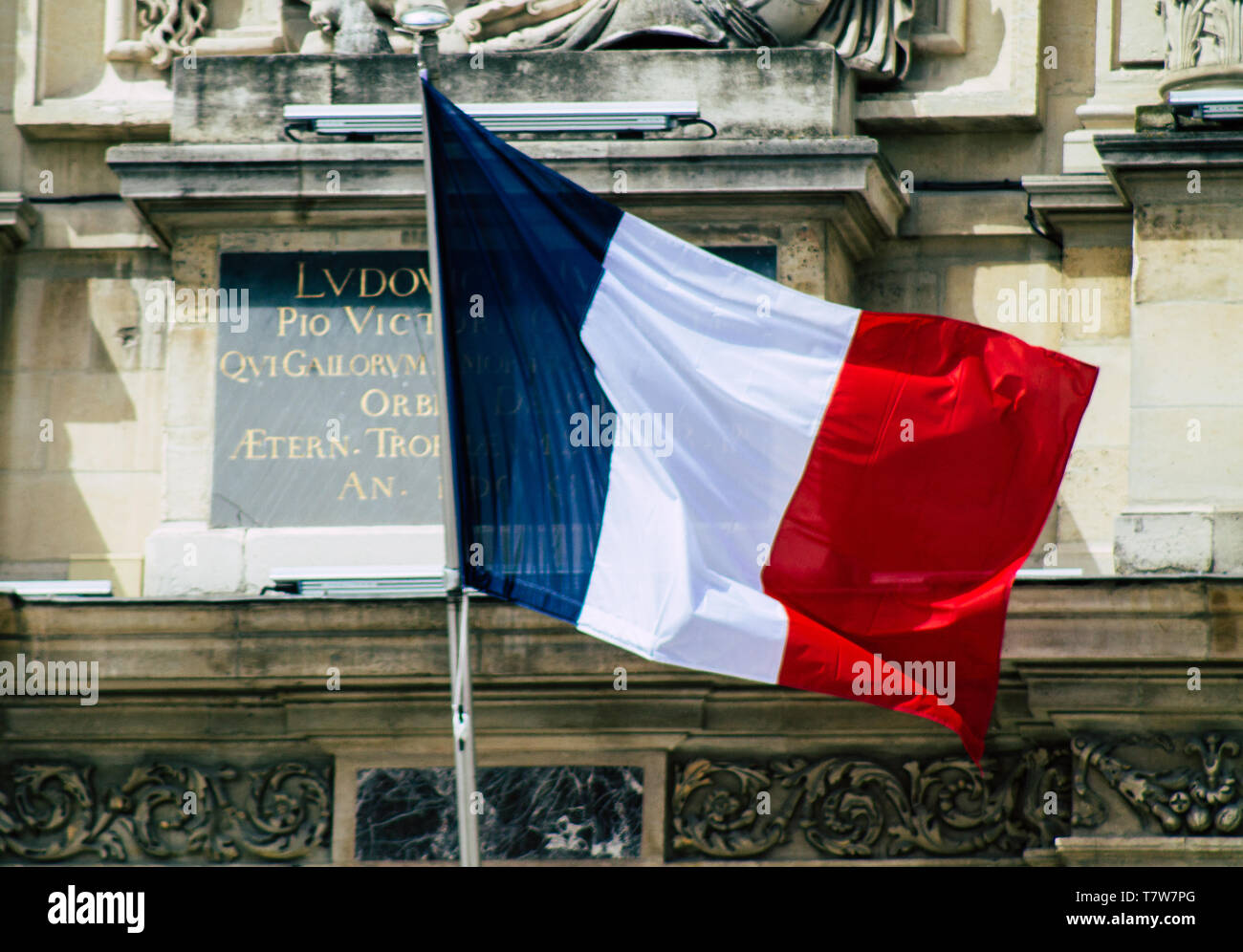 Reims France May 8, 2019 View of the French tricolor flag floating in ...