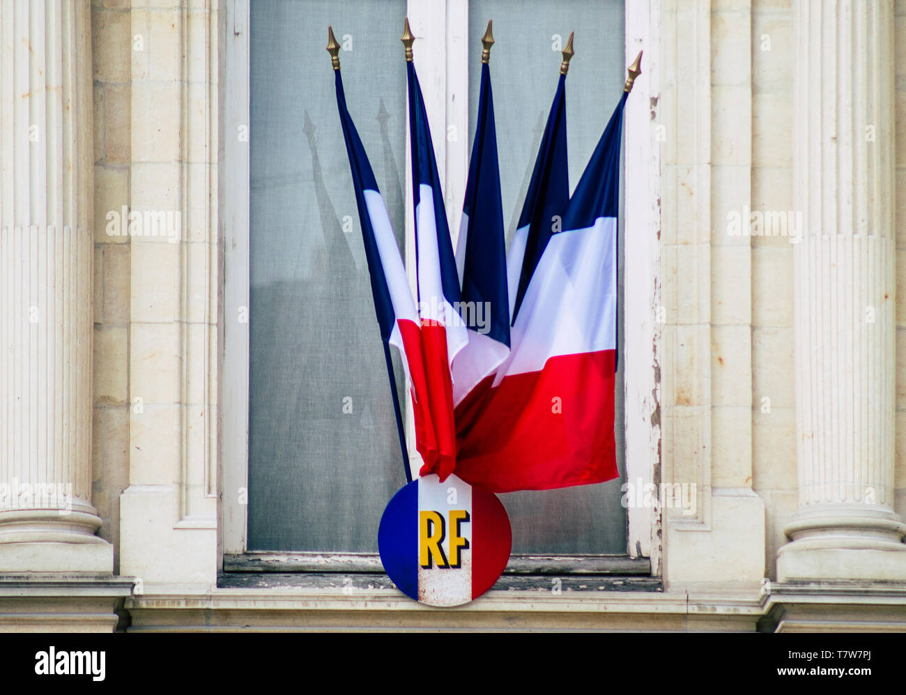 Reims France May 8, 2019 View of the French tricolor flag floating in ...