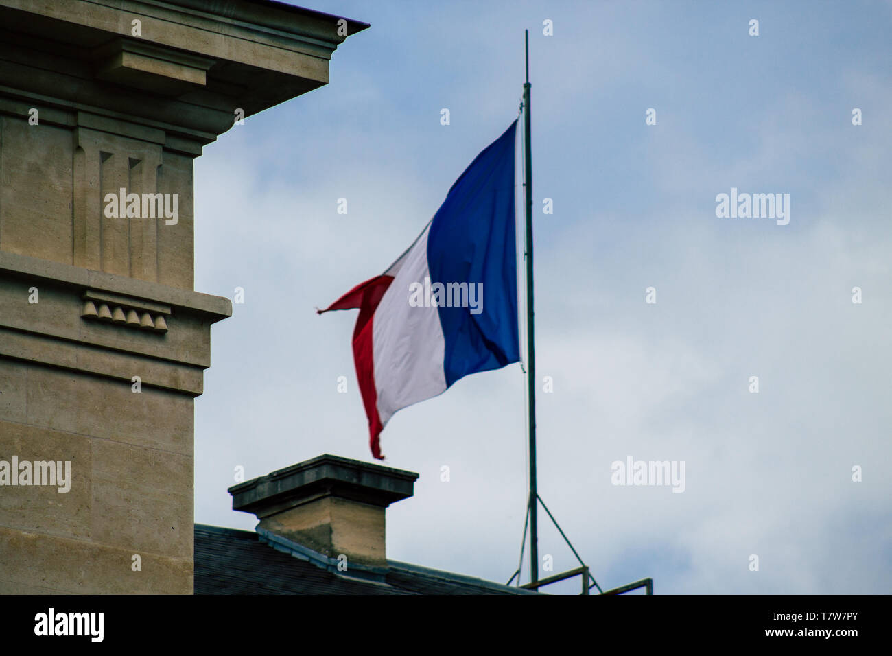 Reims France May 8, 2019 View of the French tricolor flag floating in ...