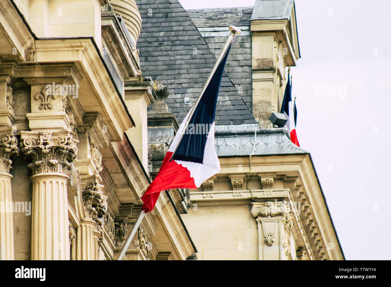 Reims France May 8, 2019 View of the French tricolor flag floating in ...
