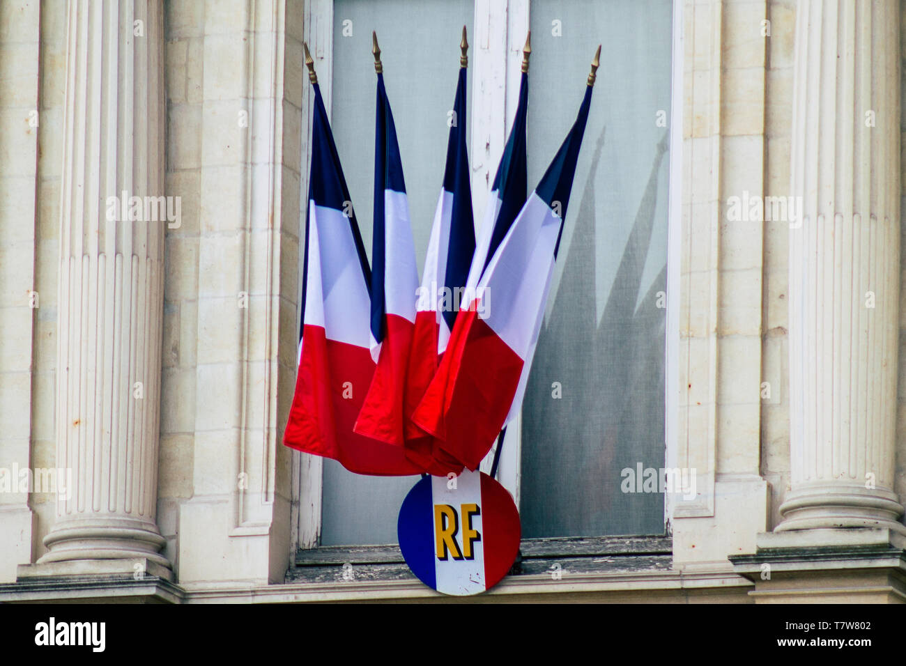 Reims France May 8, 2019 View of the French tricolor flag floating in ...