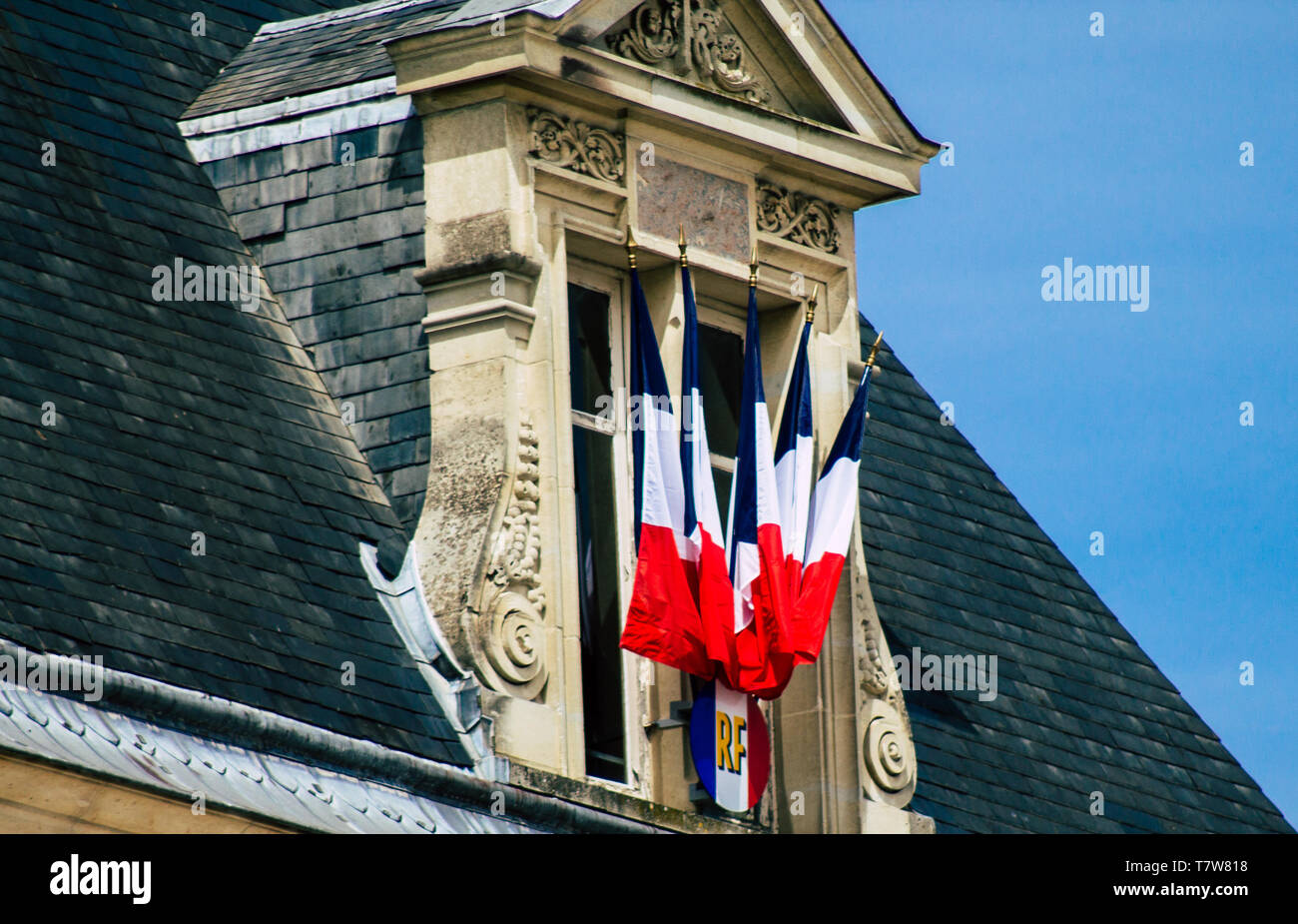 Reims France May 8, 2019 View of the French tricolor flag floating in ...
