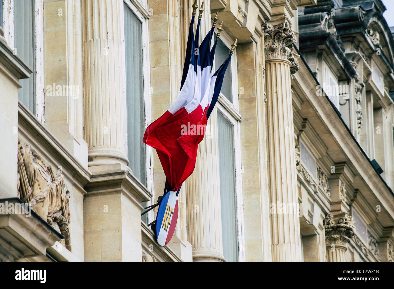 Reims France May 8, 2019 View of the French tricolor flag floating in ...