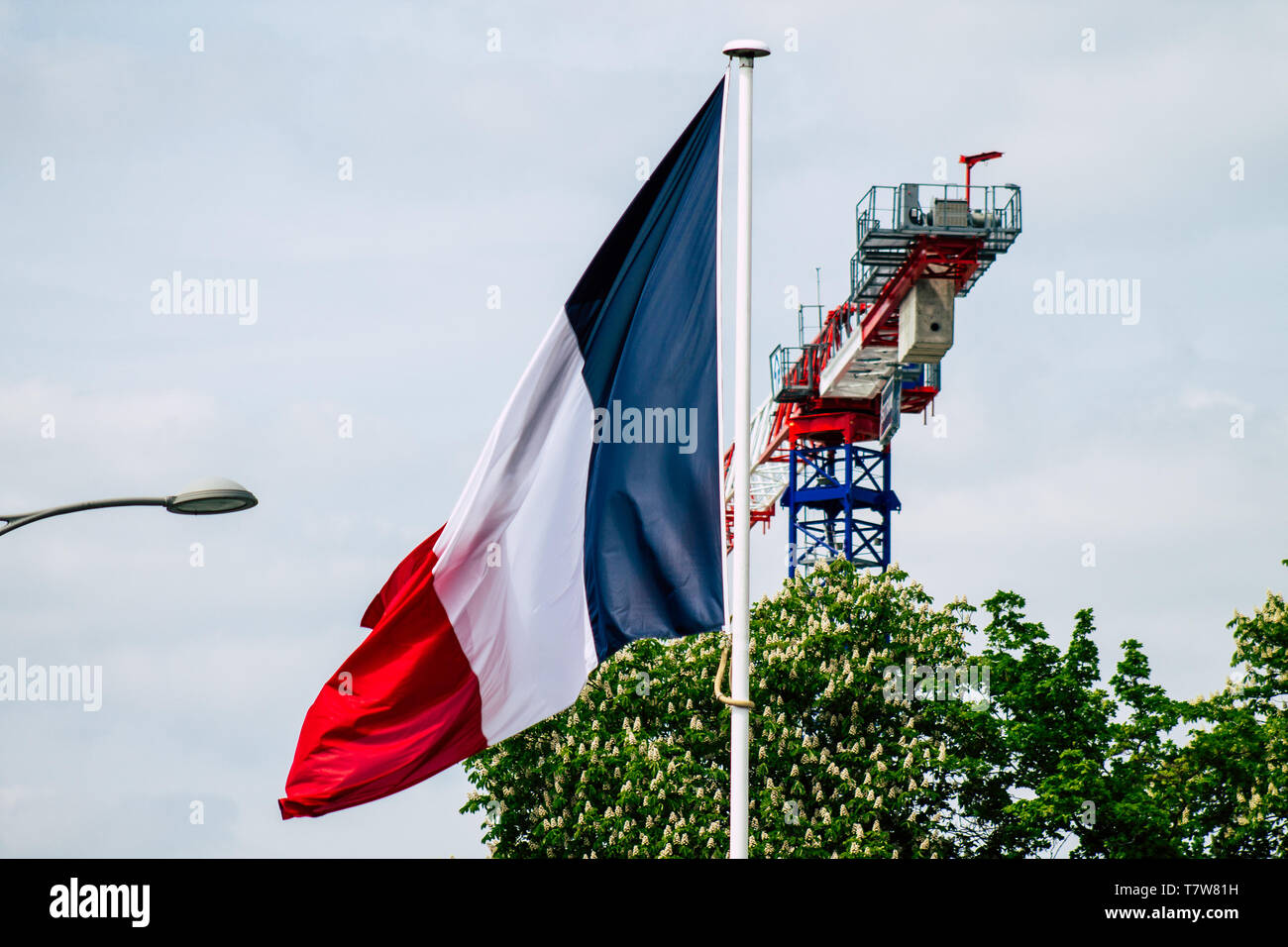 Reims France May 8, 2019 View of the French tricolor flag floating in ...