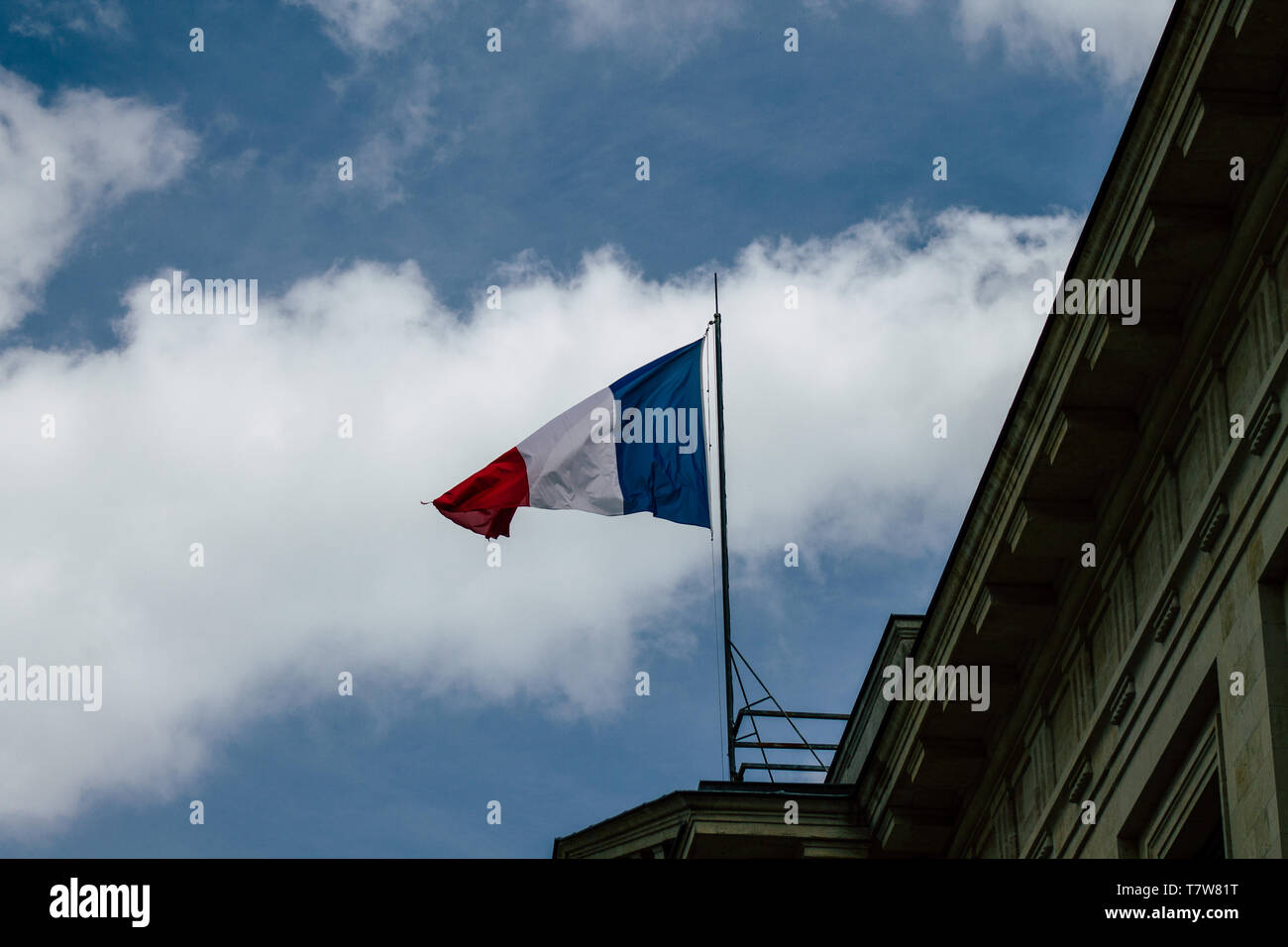 Reims France May 8, 2019 View of the French tricolor flag floating in ...