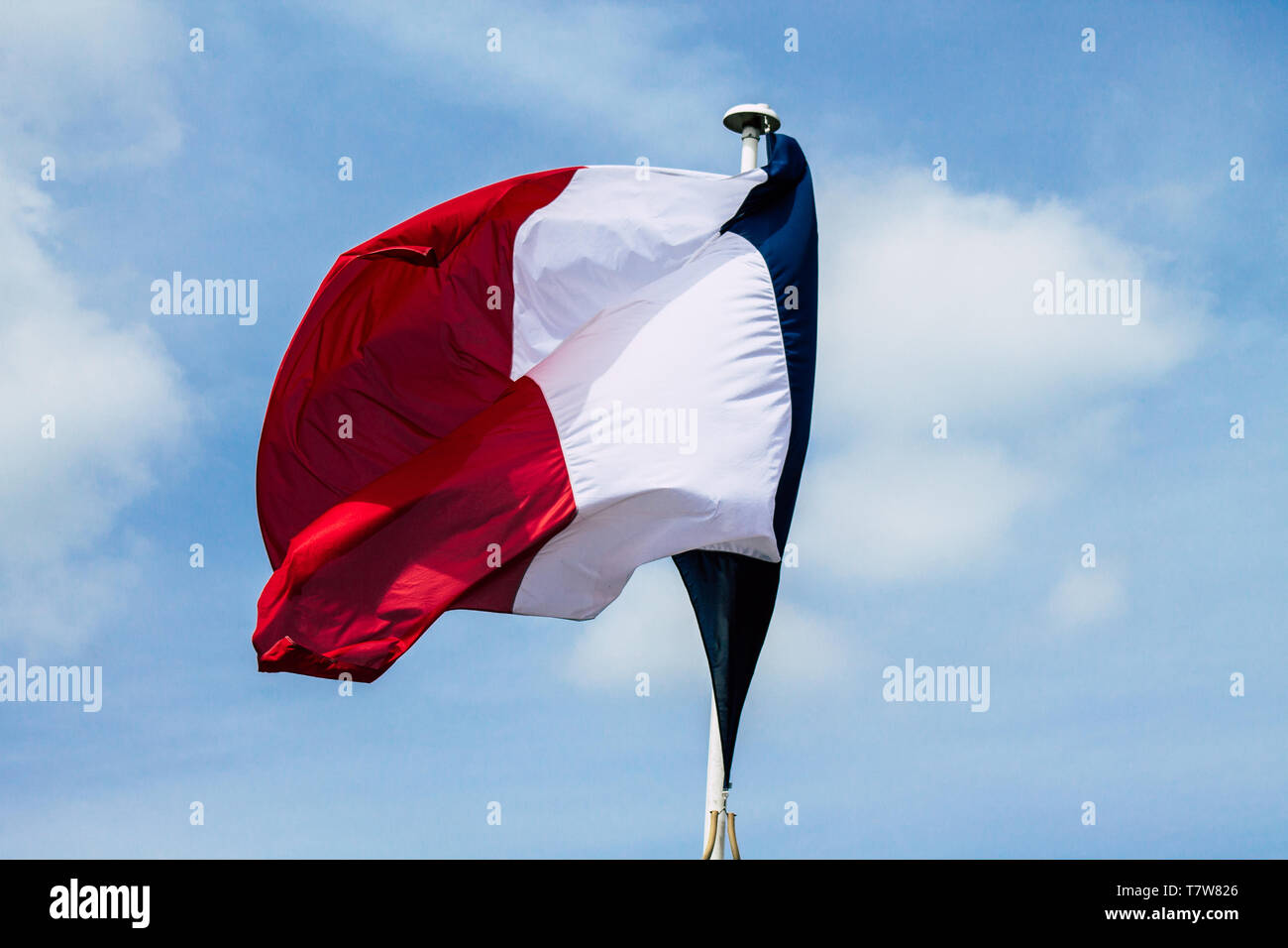 Reims France May 8, 2019 View of the French tricolor flag floating in ...