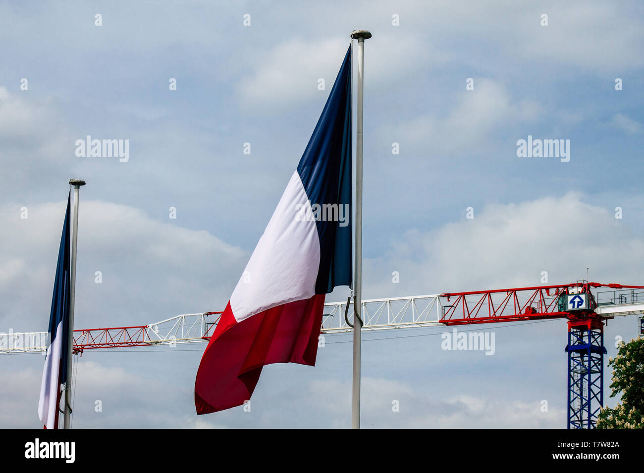 Reims France May 8, 2019 View of the French tricolor flag floating in ...