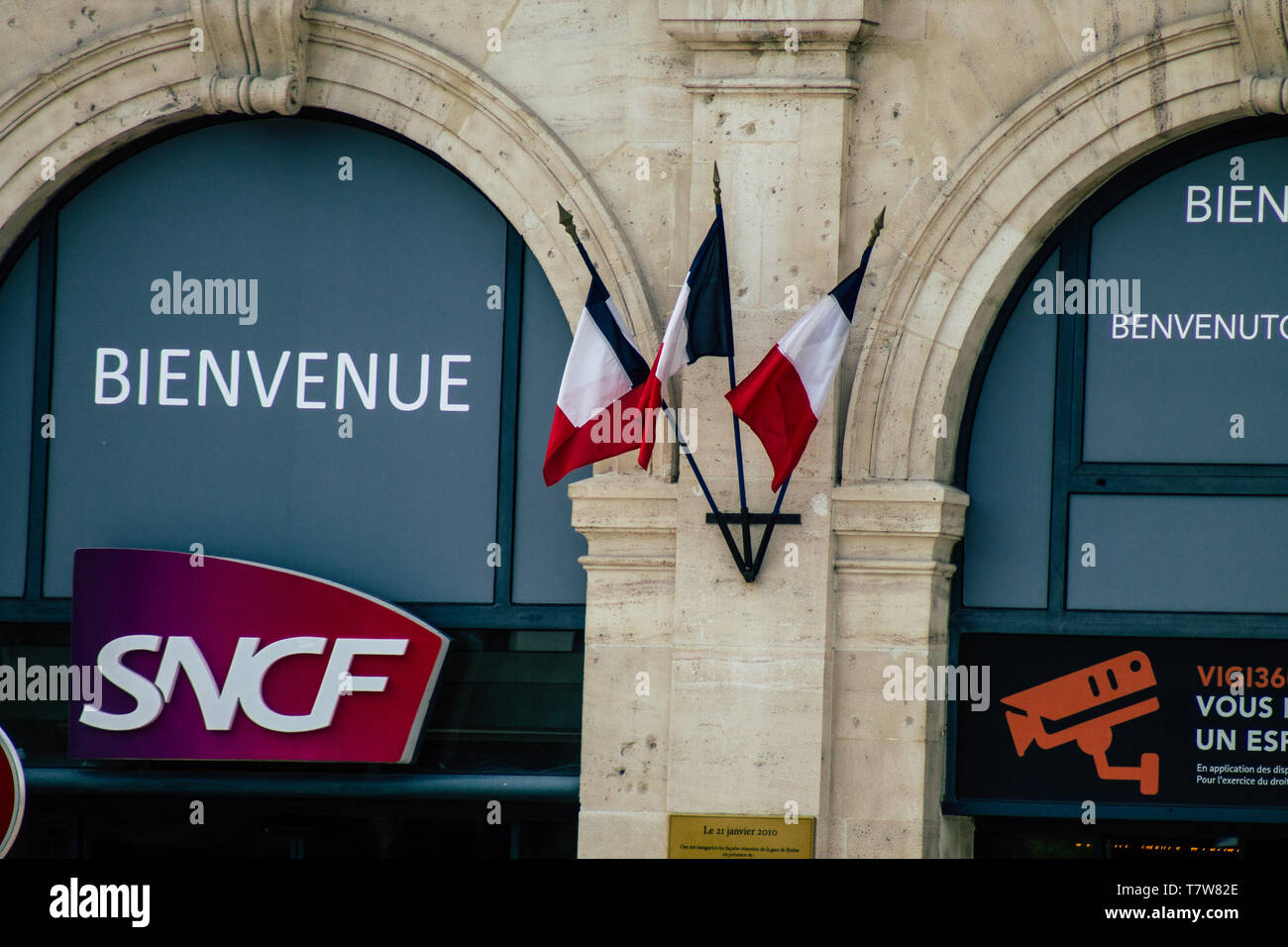 Reims France May 8, 2019 View of the French tricolor flag floating in ...
