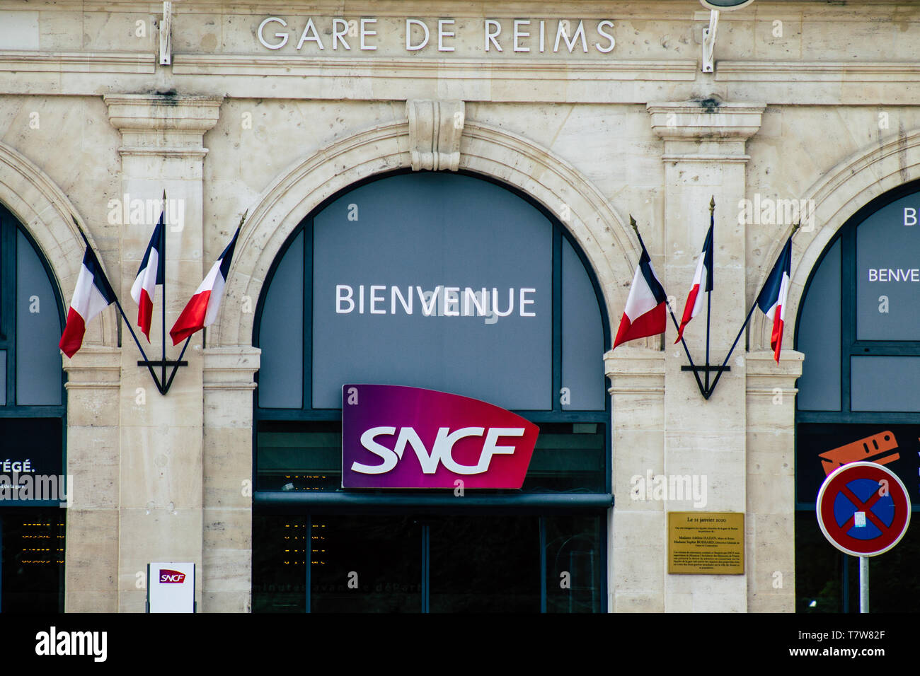 Reims France May 8, 2019 View of the French tricolor flag floating in ...