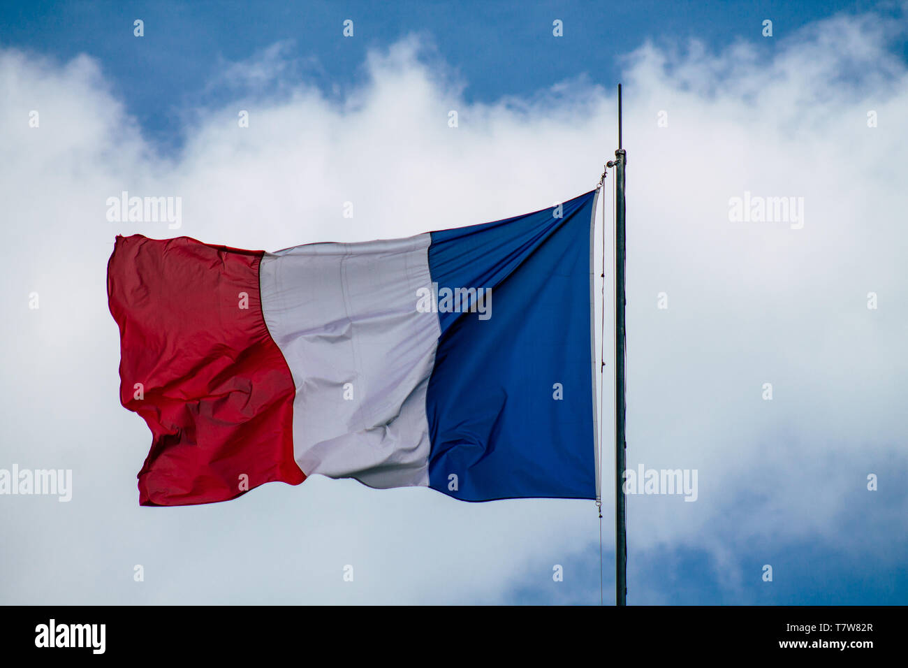 Reims France May 8, 2019 View of the French tricolor flag floating in ...