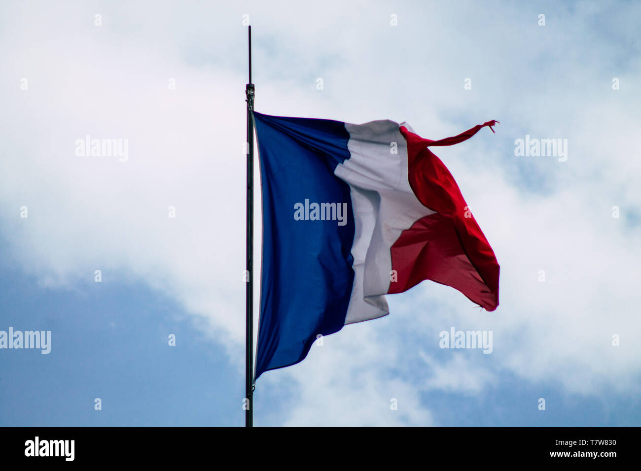 Reims France May 8, 2019 View of the French tricolor flag floating in ...
