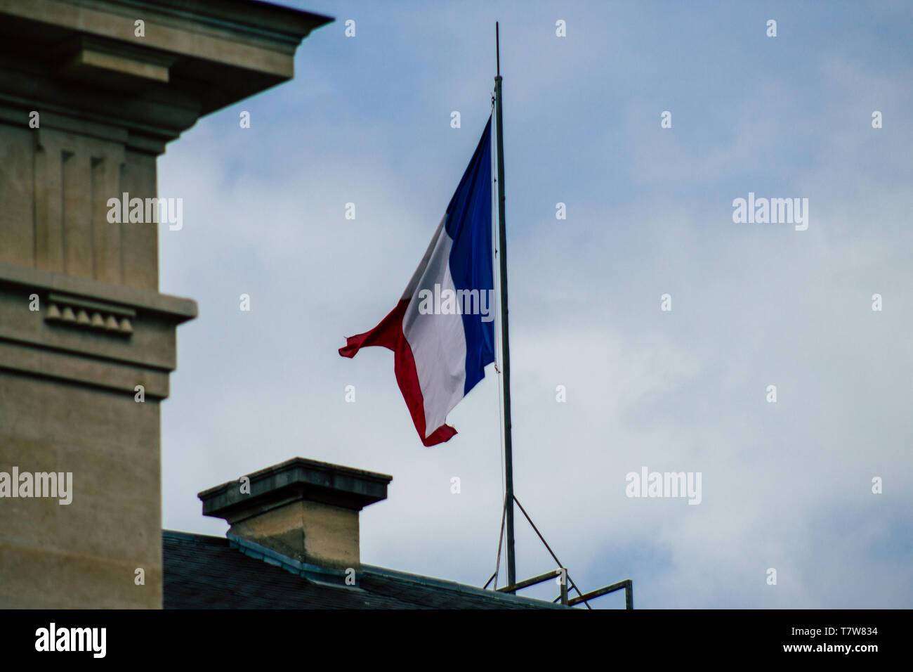 Reims France May 8, 2019 View of the French tricolor flag floating in ...