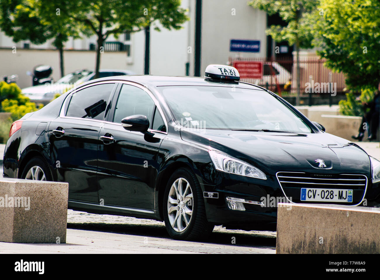 Reims France May 7, 2019 View of a traditional French taxi rolling in ...