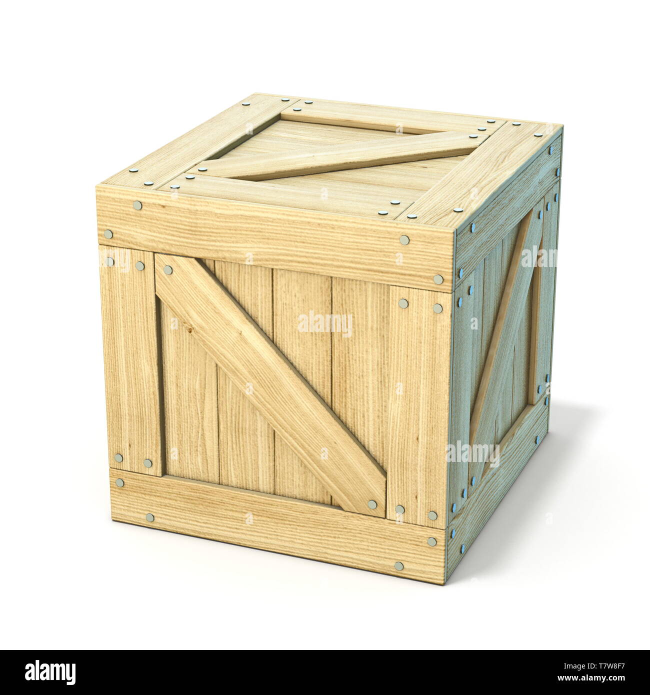 Wooden box side view 3D render illustration isolated on a white ...