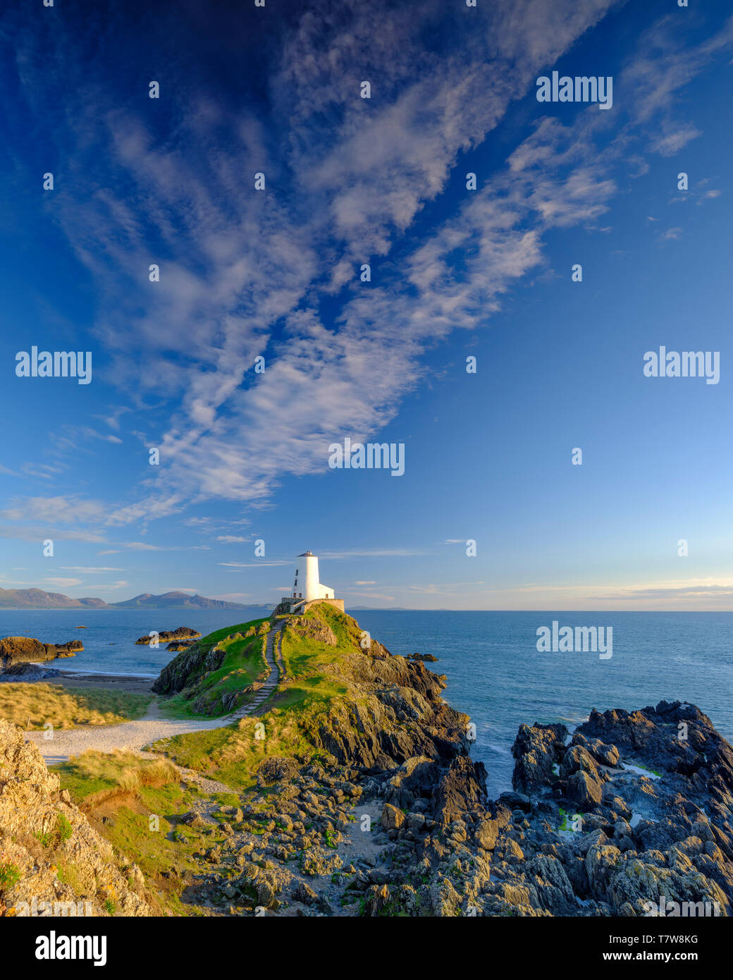 Llanddwyn, Wales - May 1, 2019: Twr Mar Lighthouse on Llanddwyn Island ...