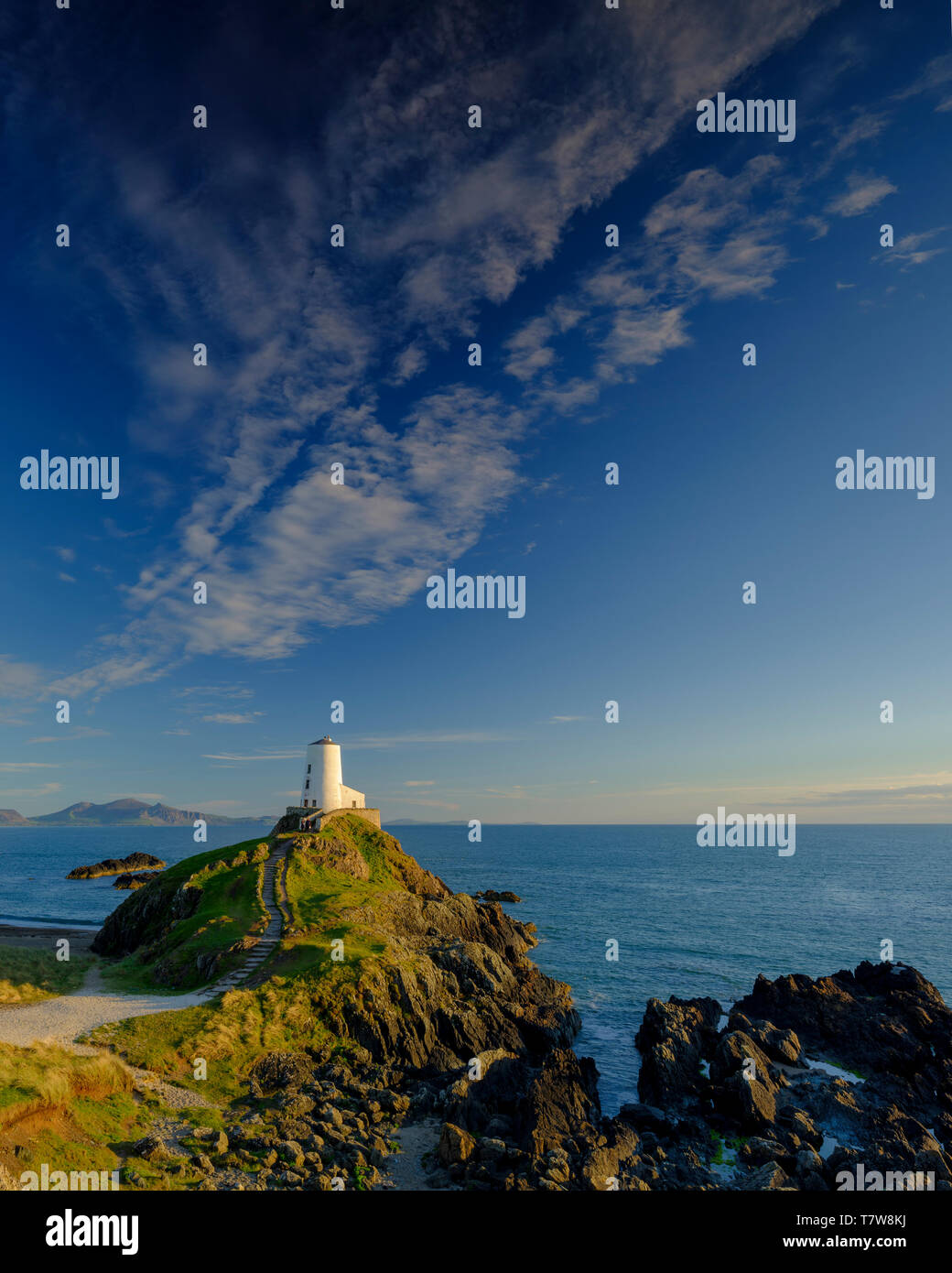 Llanddwyn, Wales - May 1, 2019: Twr Mar Lighthouse on Llanddwyn Island ...