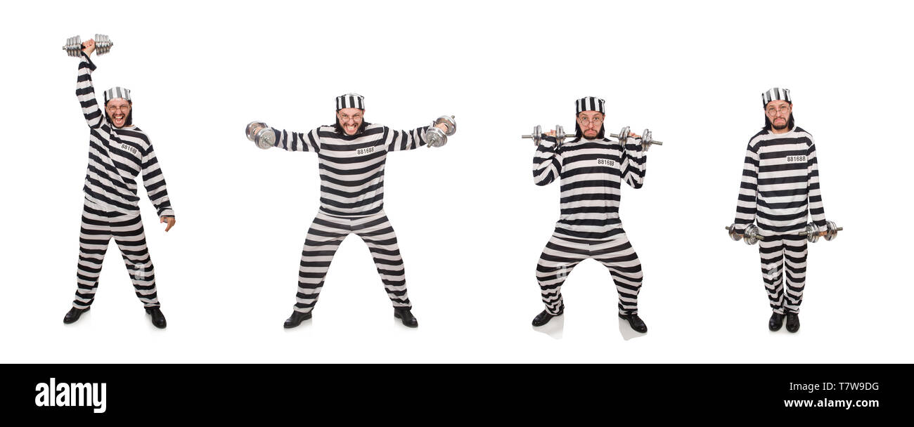 Prison inmate with dumbbells isolated on white Stock Photo - Alamy