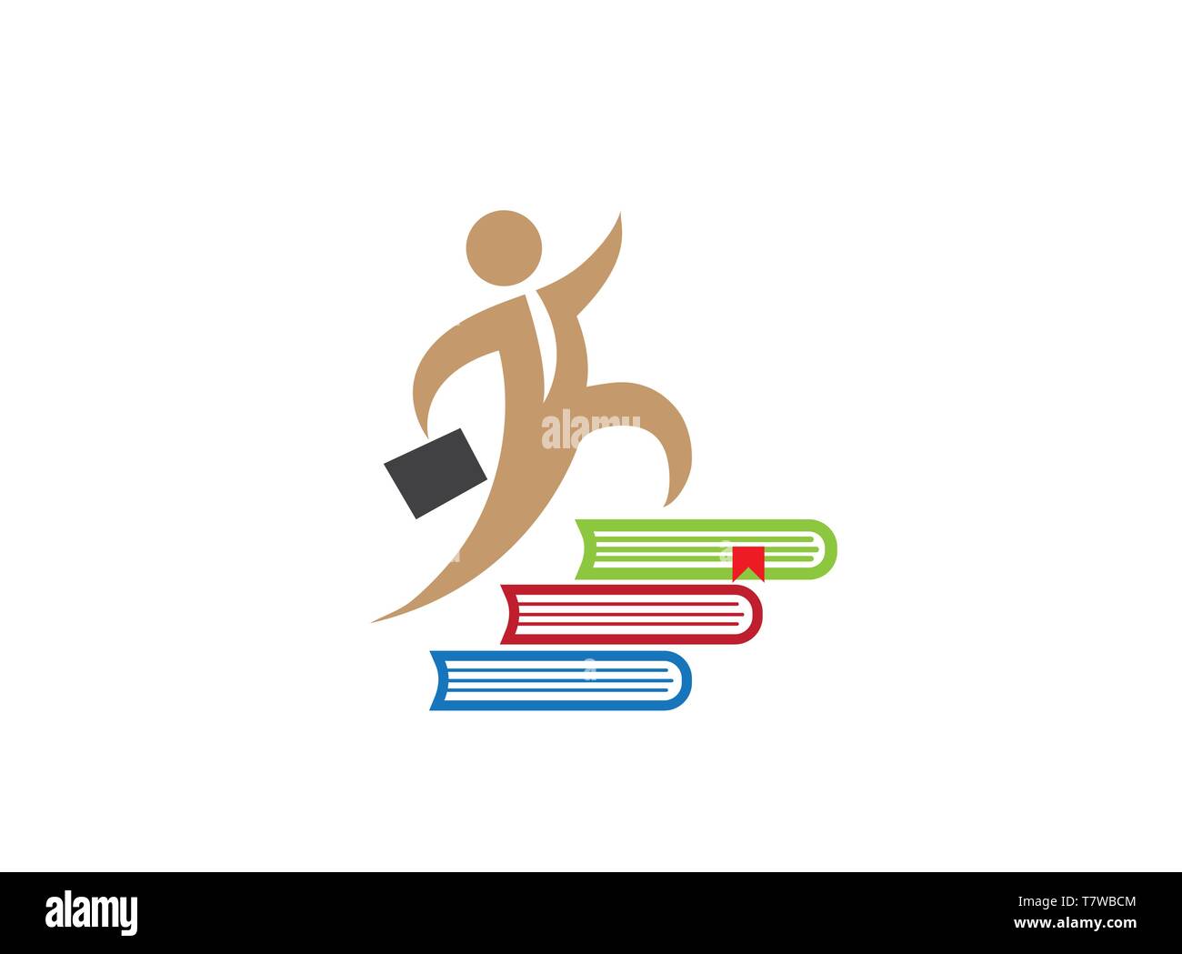 Happy man with handbag and tie run up on multi books for logo design ...