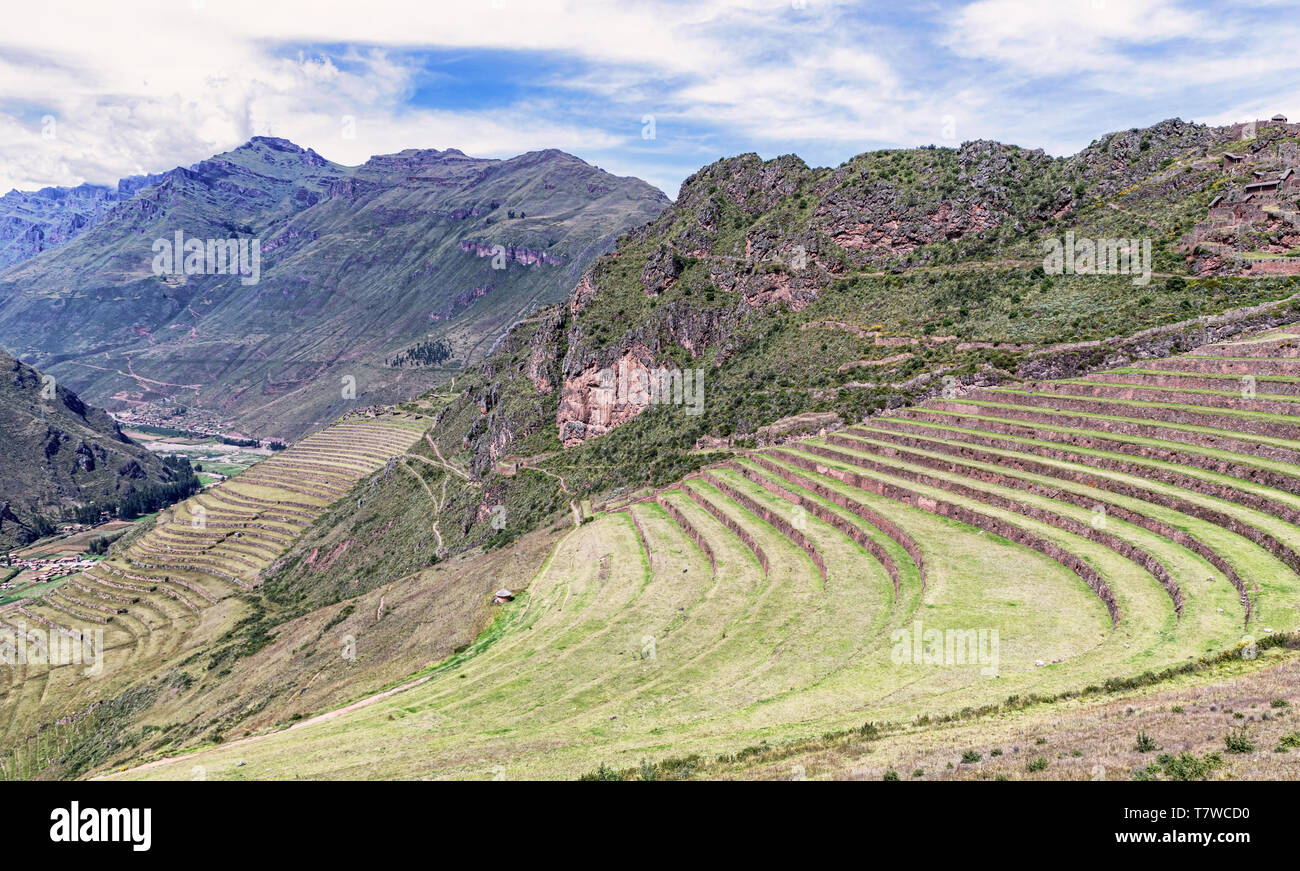 View at the agriculture Inca plants farming terraces at archeological ...
