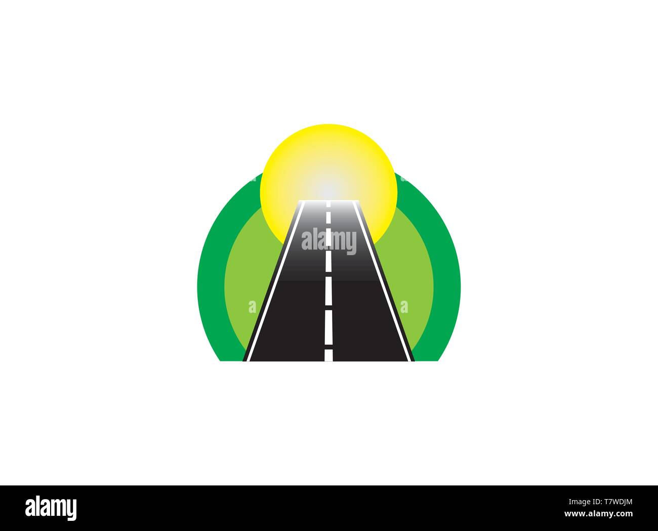 Road in a circle at a green natural way and direction to the sun for ...