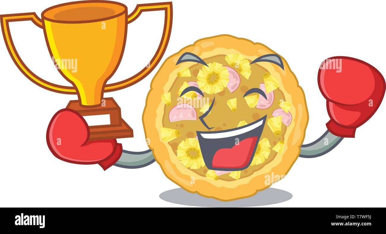 Boxing winner hawaiian pizza above wooden cartoon table Stock Vector ...