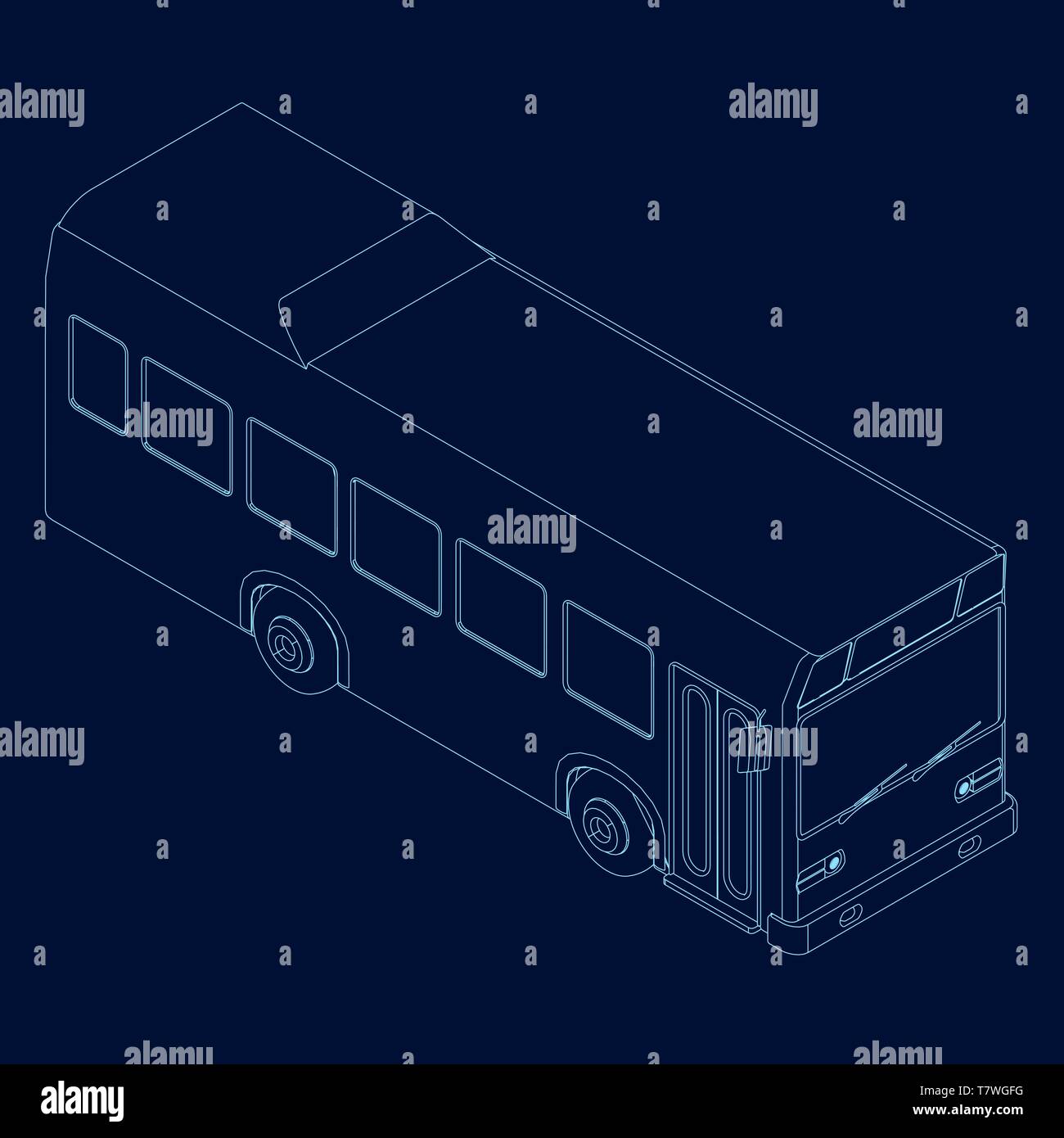 Contour of the bus of blue lines on a dark background. Isometric view ...