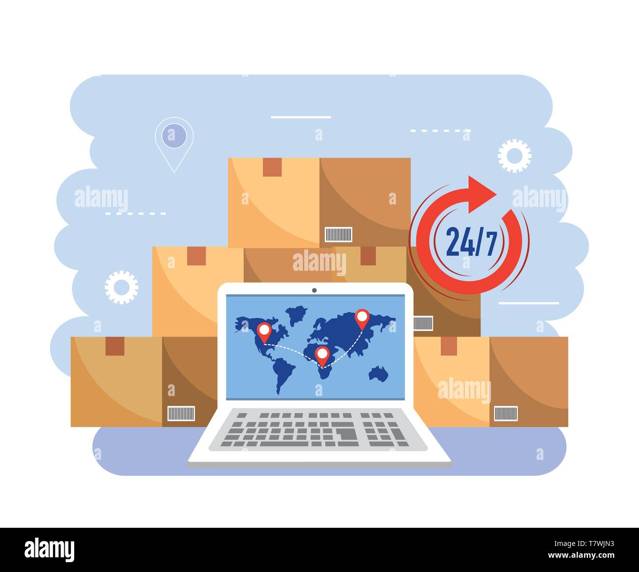 boxes packages with laptop gps map location vector illustration Stock ...
