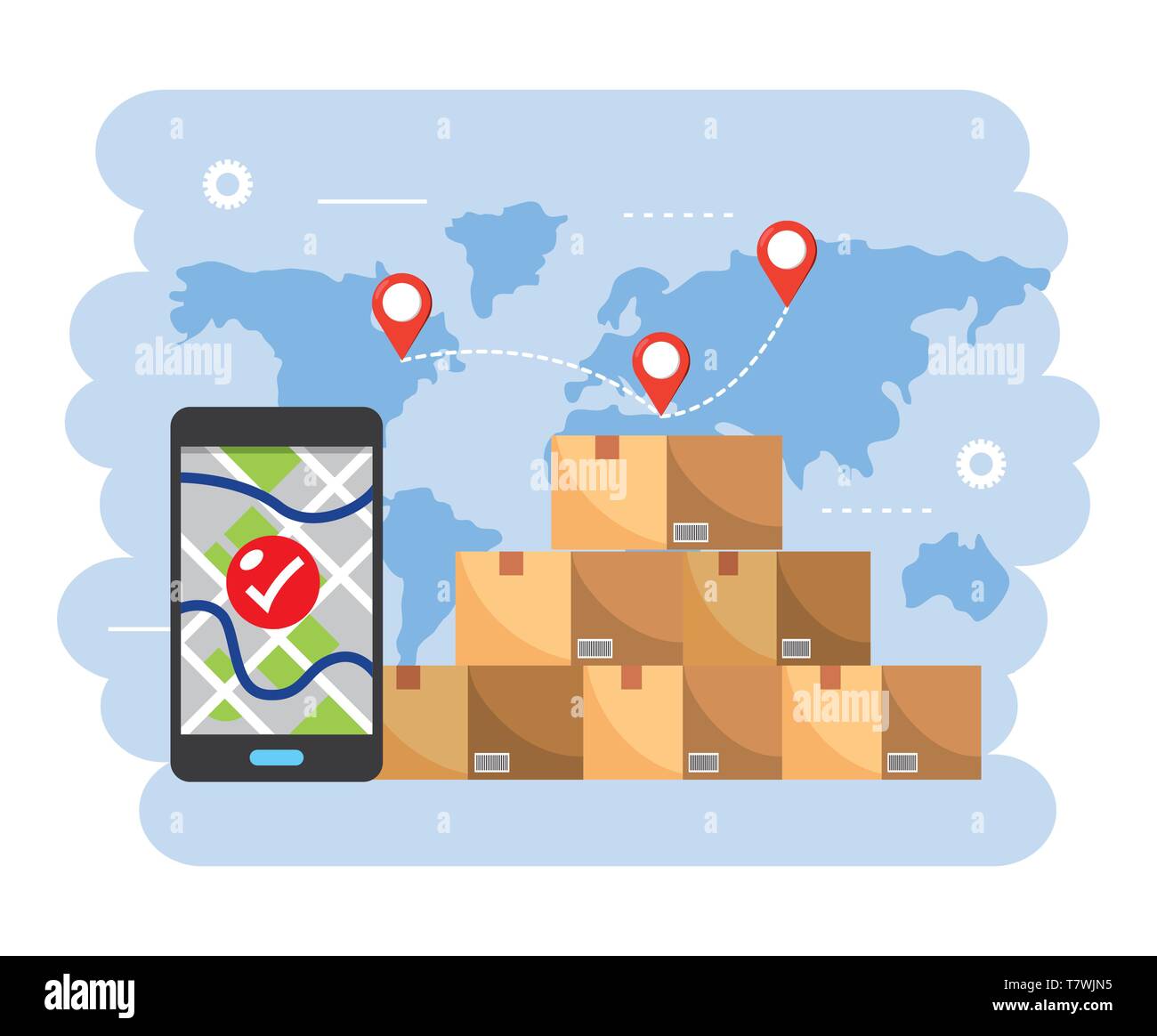 boxes packages with smartphone gps map location vector illustration ...