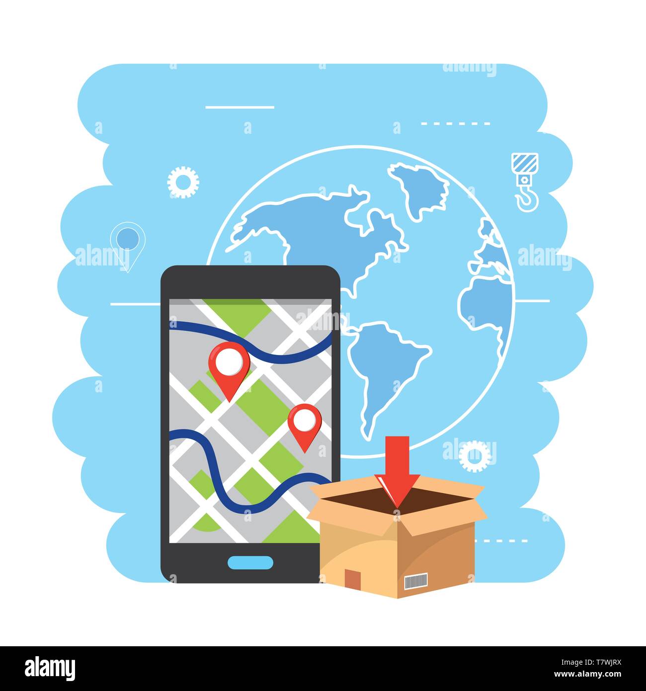 box package with smartphone gps map location vector illustration Stock ...