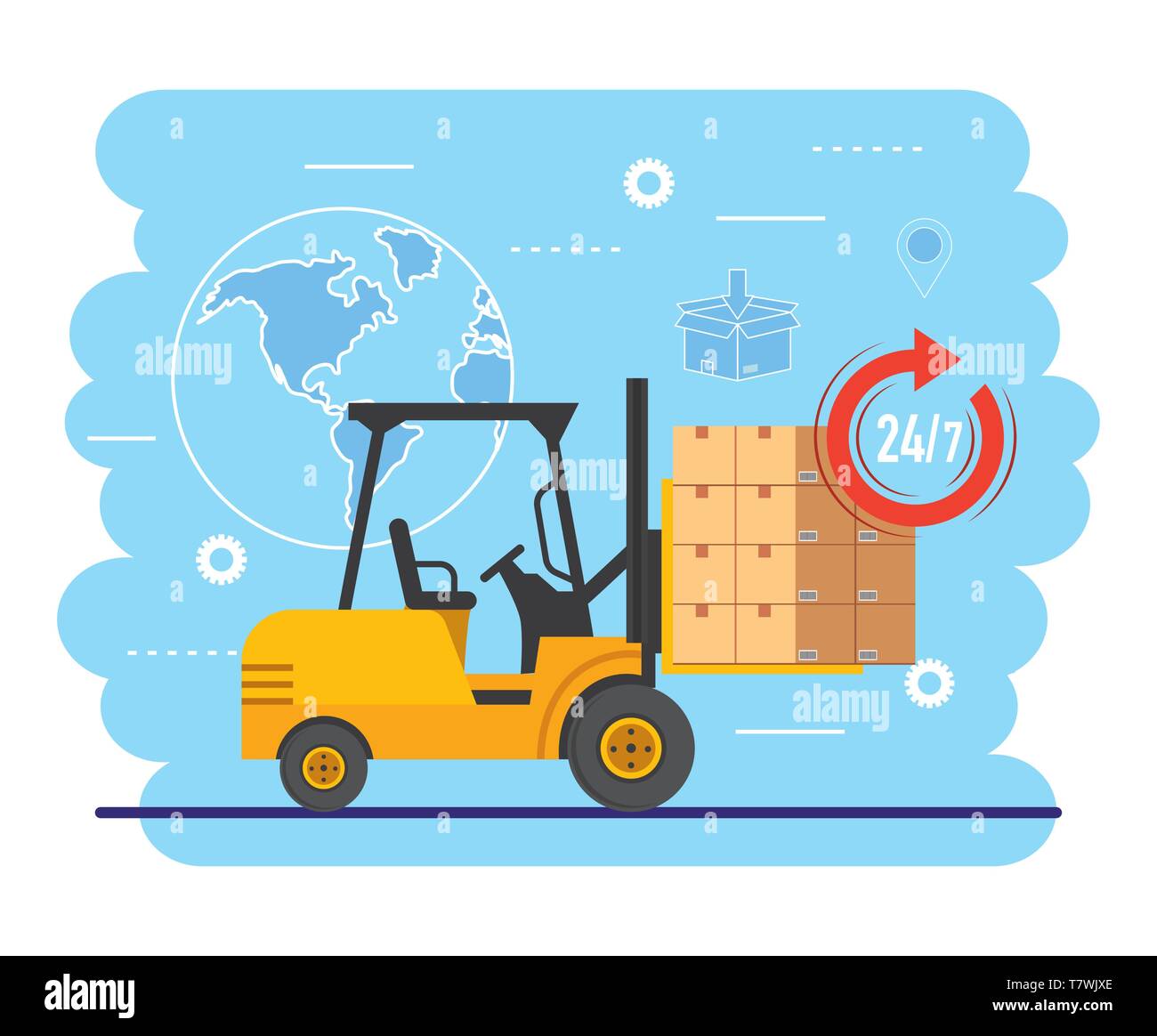 forklift with boxes package and map location vector illustration Stock ...