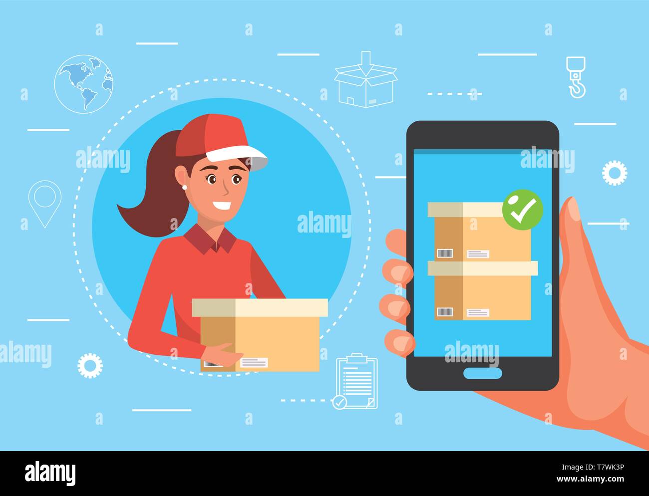 woman delivery with box and hand with smartphone package service vector ...