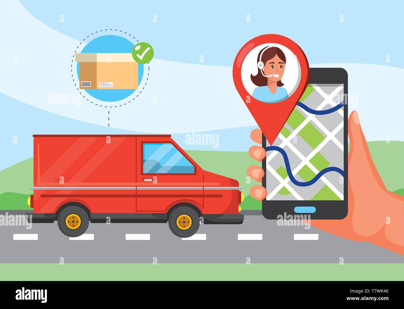 van transport and hand with gps location and call center service vector ...