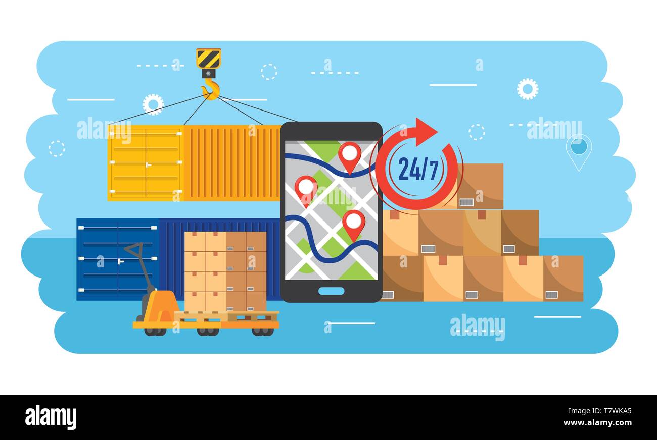 smartphone gps map with containers and boxes packages vector ...
