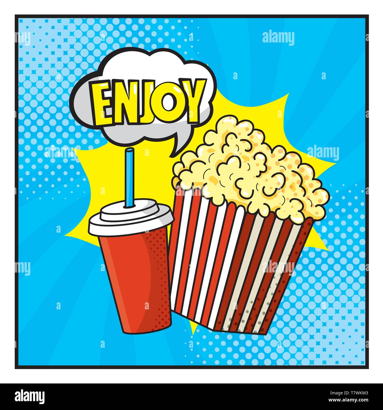 popcorn with plastic soda cup and enjoy message vector illustration ...