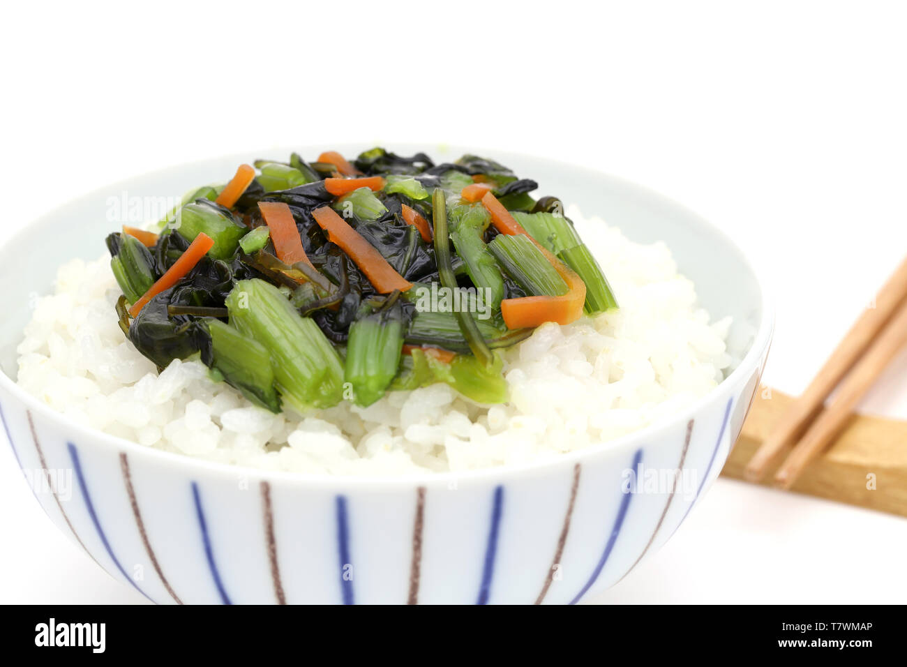 Japanese cooked rice with nozawana vegetable on white background Stock ...