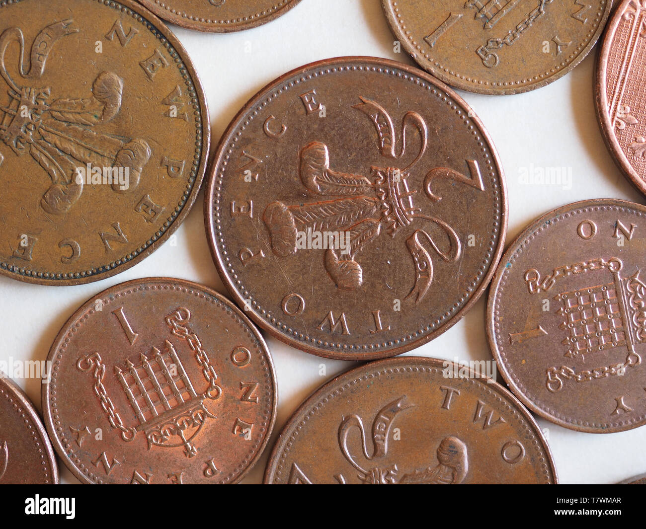 One Penny and Two Pence Pound coins money (GBP), currency of United ...