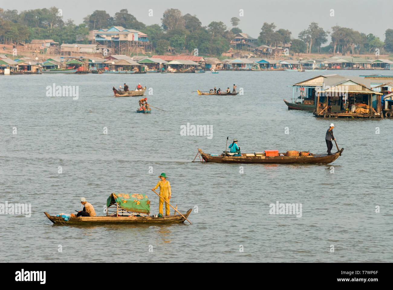 Cambodia, Kampong Chhnang, Tonle Sap River, Morning activity on the ...