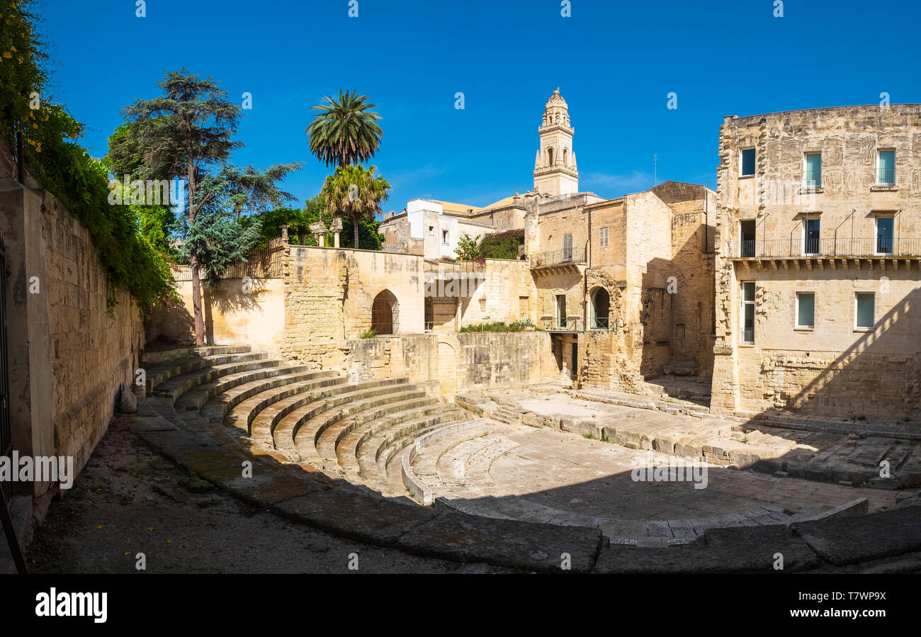 Italy, Apulia, Salento region, Lecce, Roman theatre and Campanile of ...