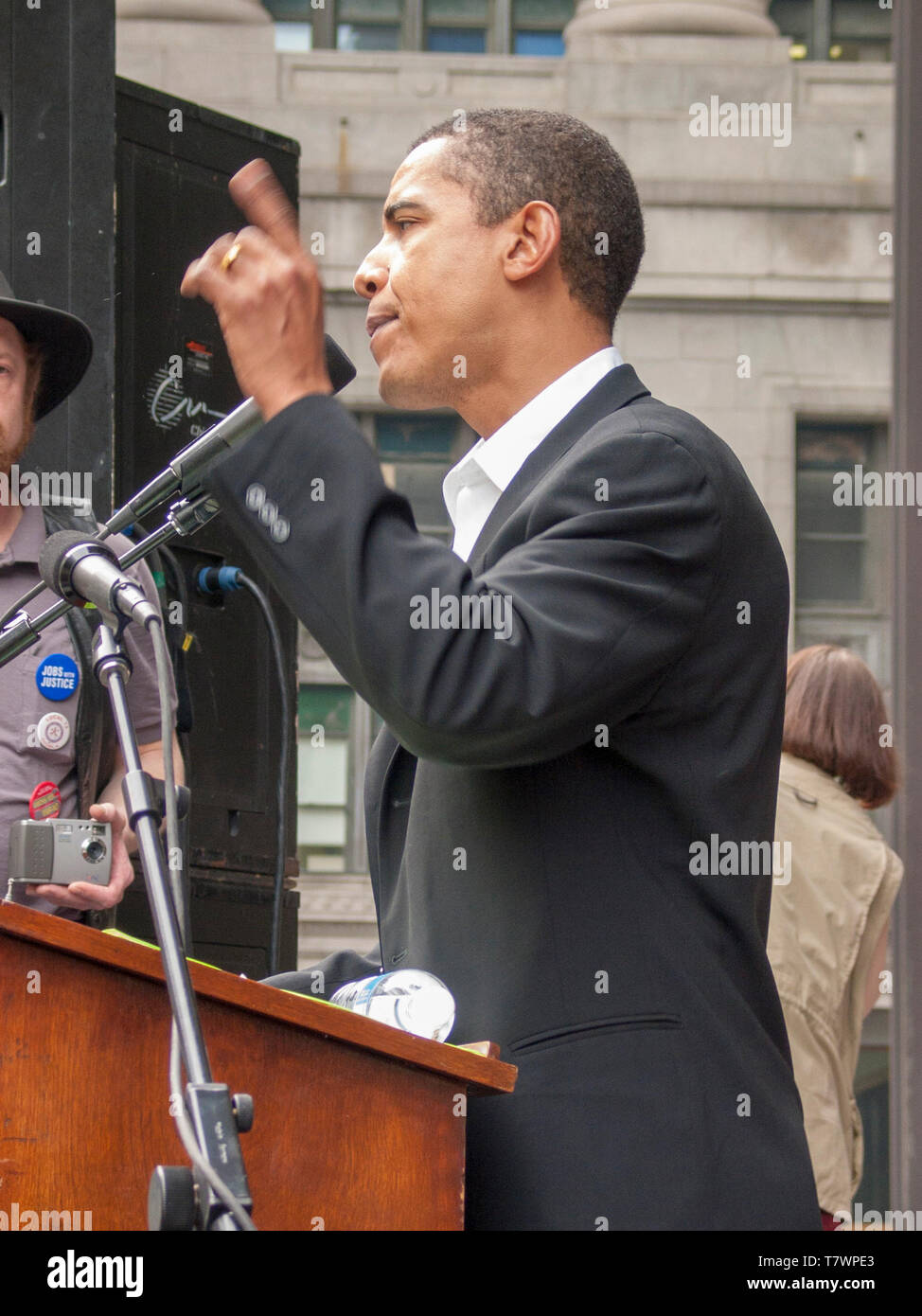 Illinois State Senator Barack Obama speaking at anti war protest ...