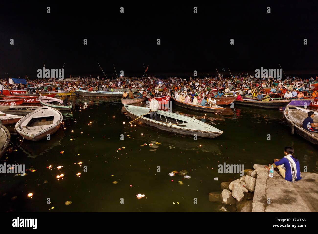 India, Uttar Pradesh, Varanasi, pilgrims boats at Dashashwamedh ghat at ...