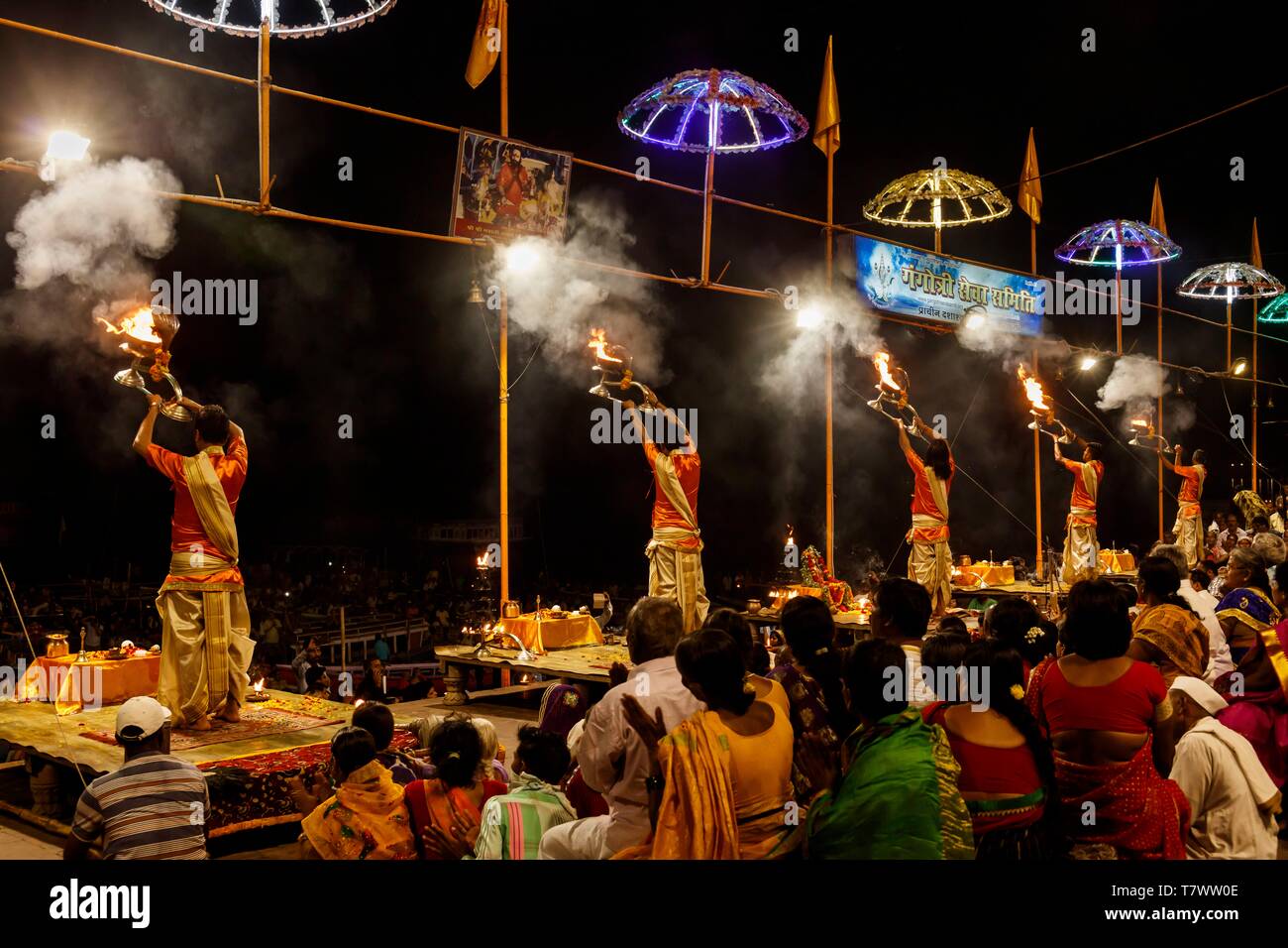 India, Uttar Pradesh, Varanasi, Ganga Aarti ceremony at Dashashwamedh ...