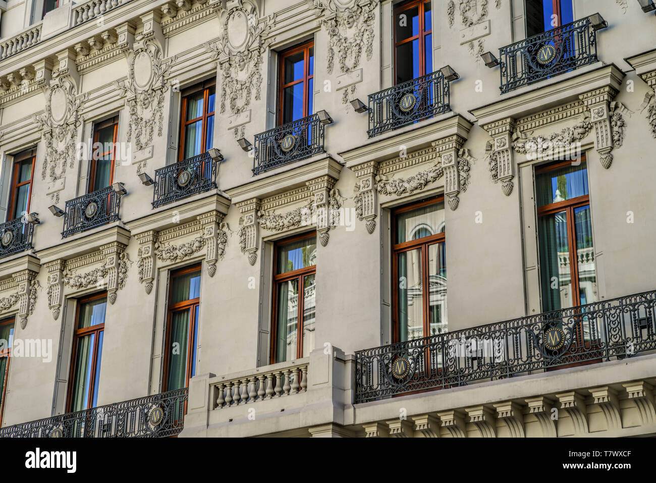 Antique building classic facade in Madrid city center. Spain Stock ...