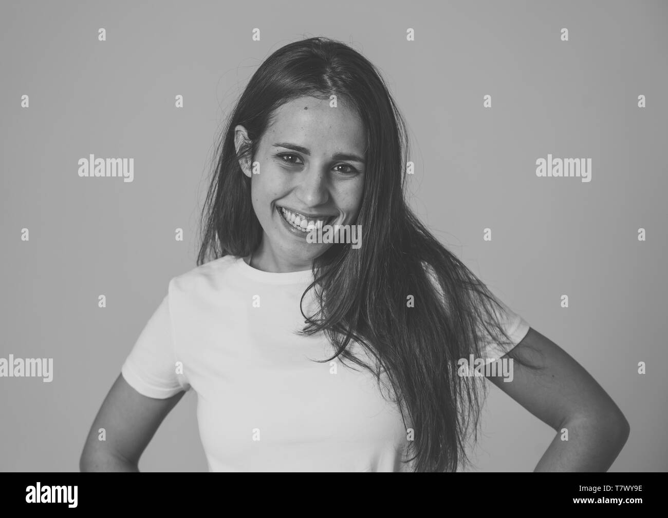 Close up portrait of attractive brunette young latin woman with happy ...